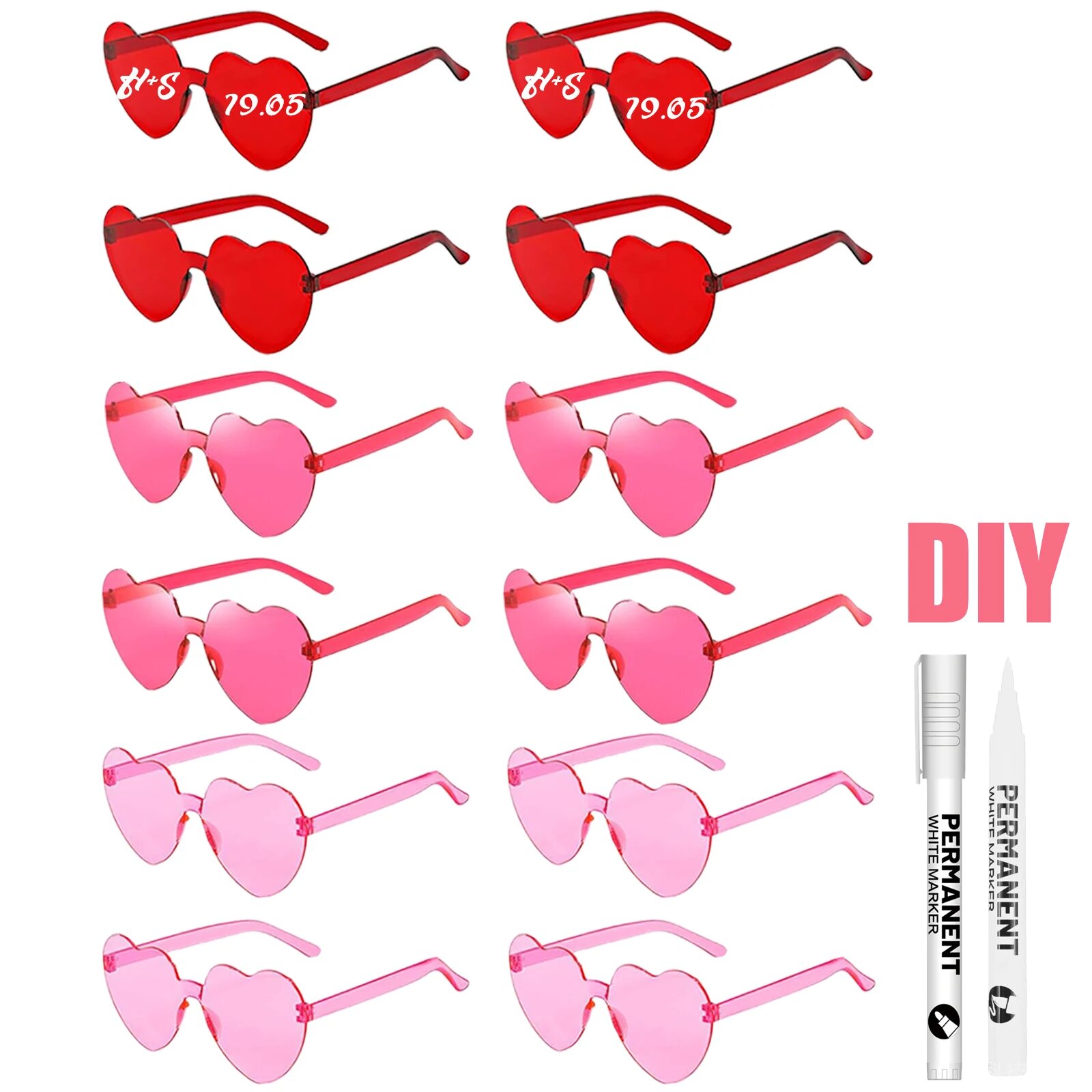 Персонализированные солнцезащитные очки XMSJ в форме сердца Розовый, 24PCS, Mix A with Pen