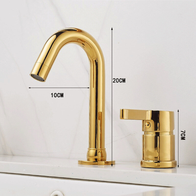 Европейский стиль золотой полностью медный вращающийся трехотверстный смеситель для раковины, трехкомпонентный набор, разделенный двойной ручкой, двойное управление горячей и холодной водой