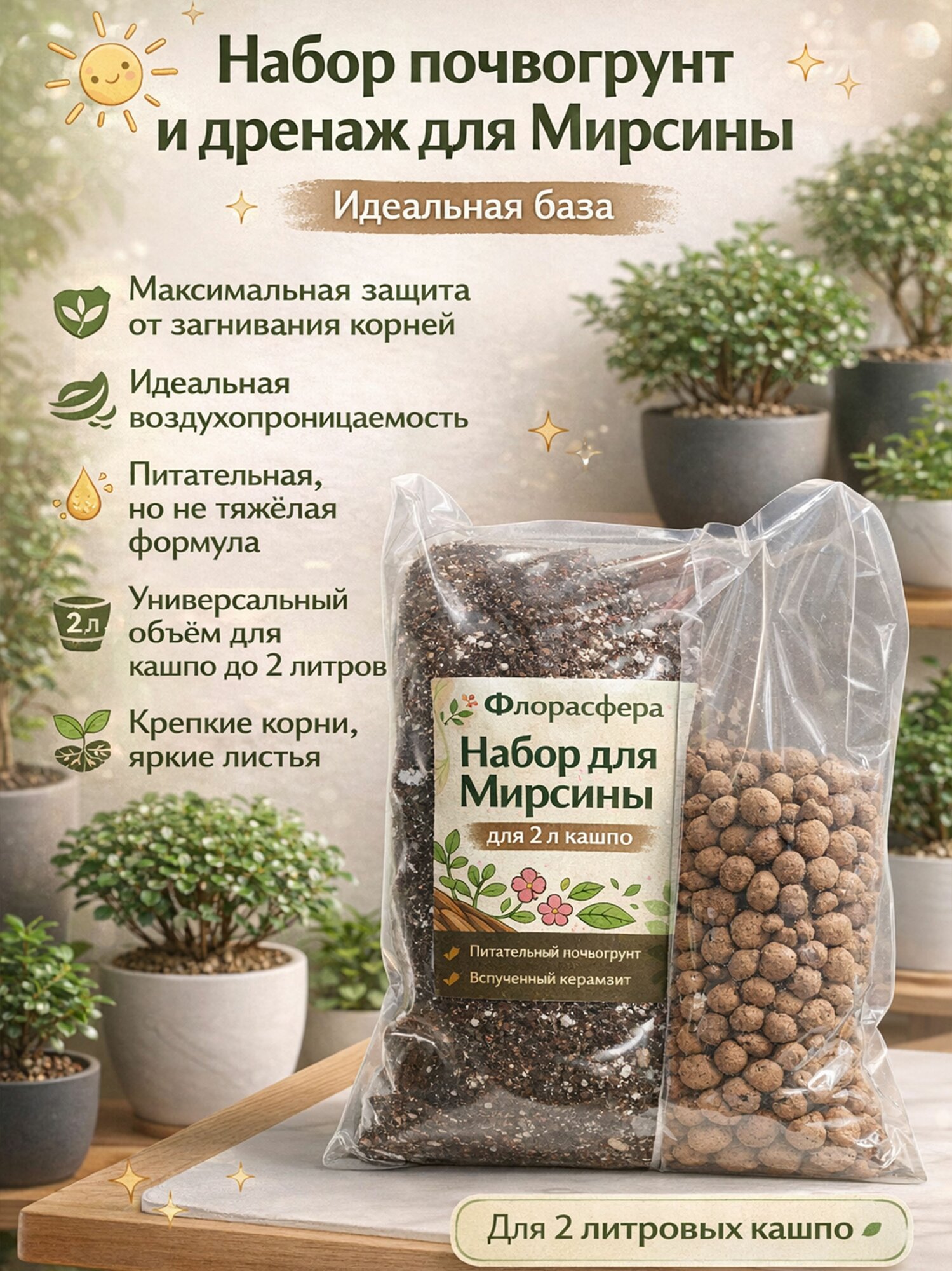 Набор почвогрунт и дренаж для Мирсины для 2 литров кашпо премиум