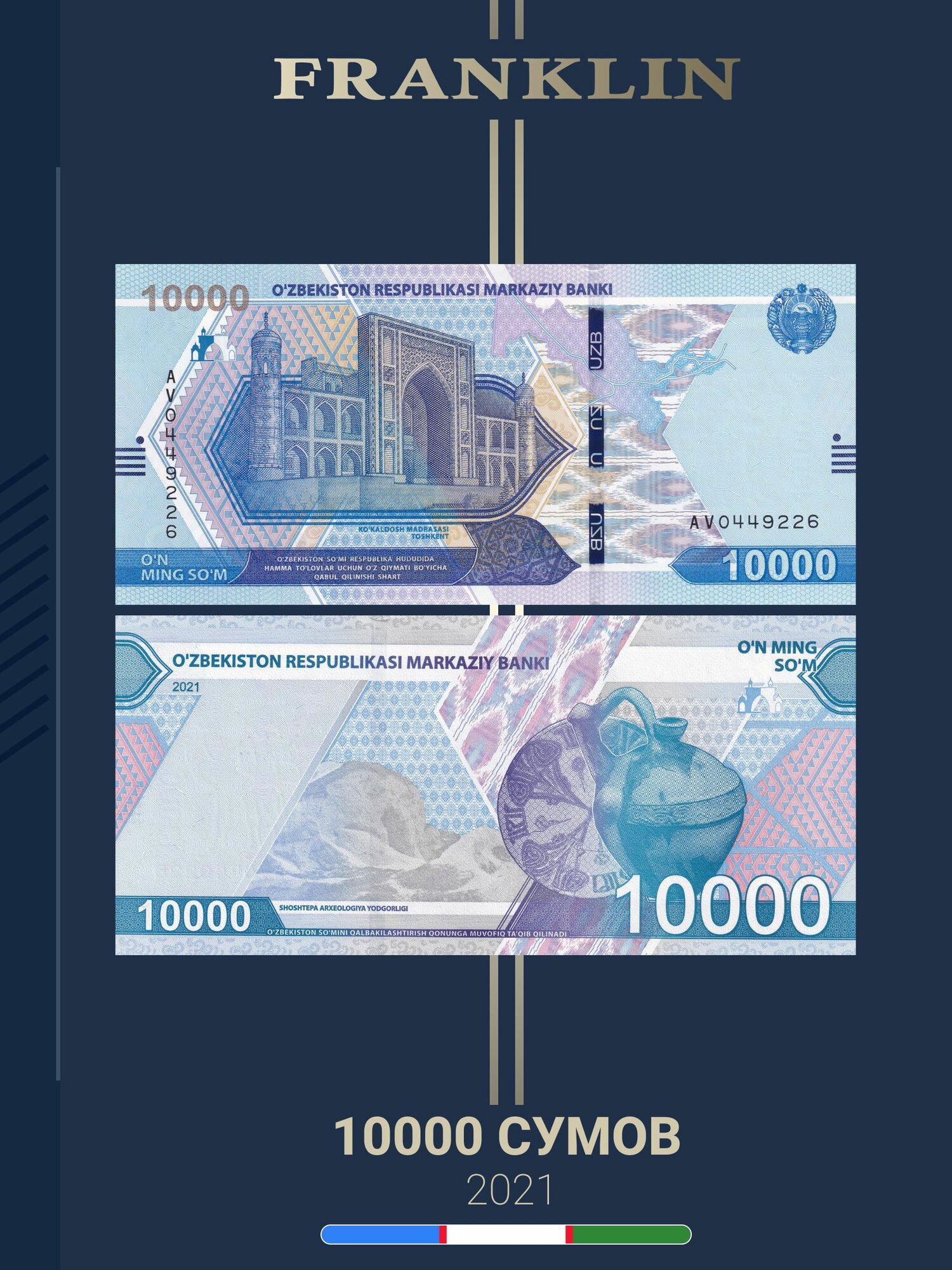 Банкнота Узбекистан 10000 сумов 2021 год (aUNC) Pick 89