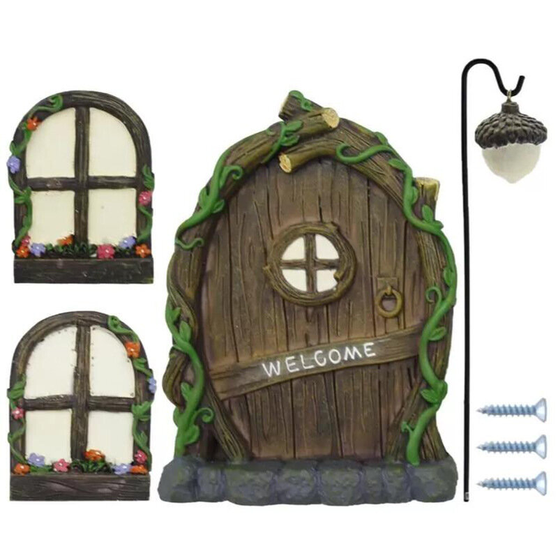 Набор скульптур для украшения сада «Дверь и окно феи» – смоляная приветственная дверь с лозами, две фигурки окон и фонарный столб, расписанные вручную настенные украшения для дерева, забора или патио, миниатюрный ландшафтный декор.