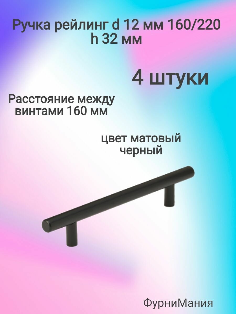Ручка мебельная рейлинг d 12 mm 160/220, h32 матовый черный( 4 шт. )
