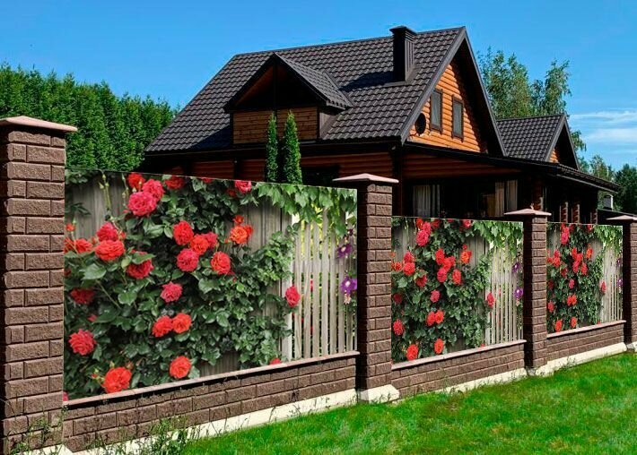 Фотосетка для забора и фасада 2,5 х 1,5 м с люверсами / Розы на заборе