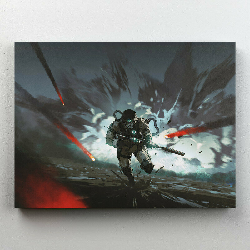 Интерьерная картина на холсте "Солдат будущего на поле боя" размер 30x22 см