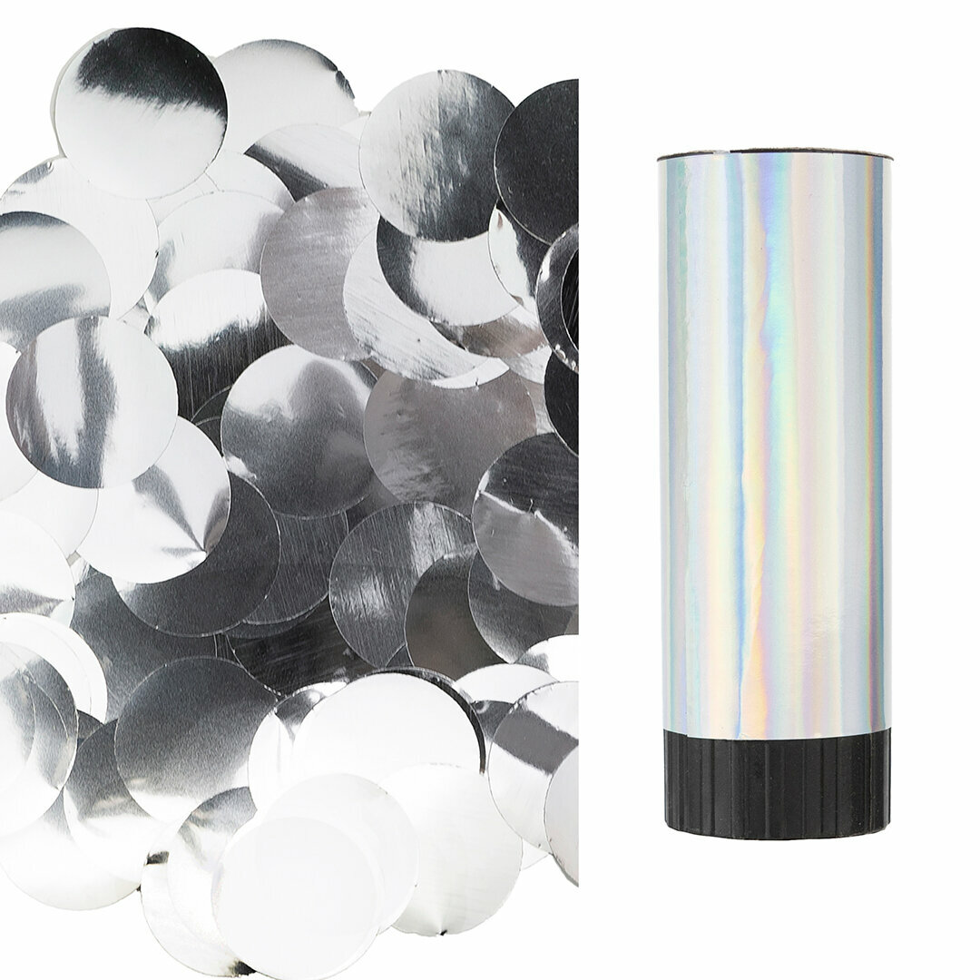 Хлопушка пружинная (4/10 см), Круги фольга, Серебро, Лазерная голография, 1 шт.