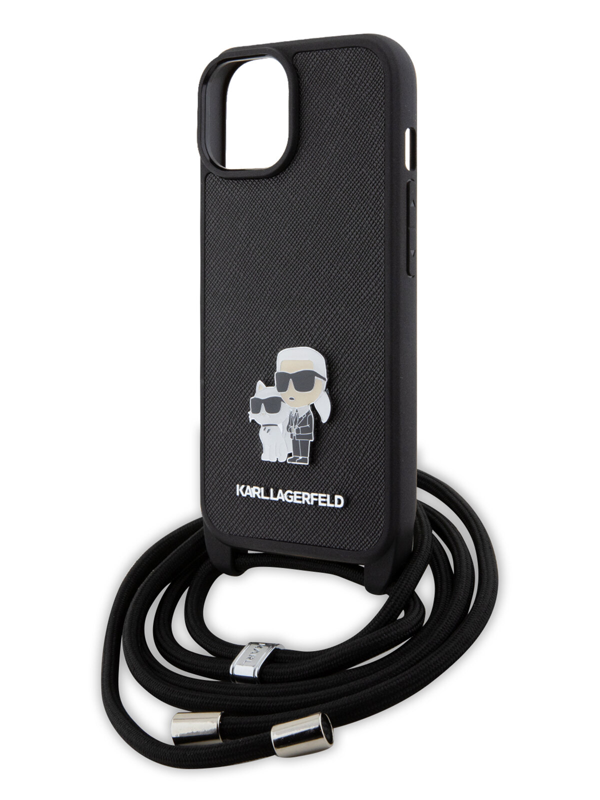 Lagerfeld для iPhone 15 чехол Crossbody PU Saffiano NFT Karl & Choupette Metal Hard Black