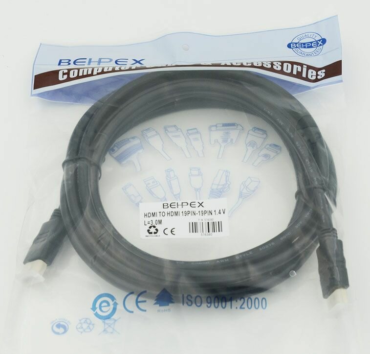 Кабель Behpex 576380 HDMI -> HDMI, 3 метра, черный