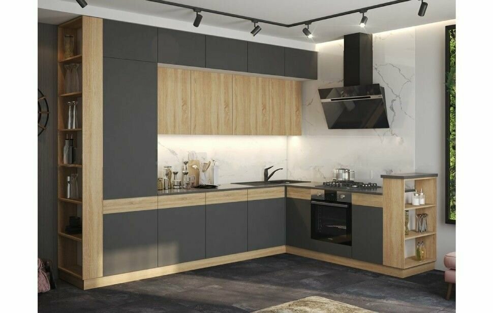 Кухонный гарнитур Техно-5 3,2*2,24м (Сонома/Графит софт, Белый (Антарес))