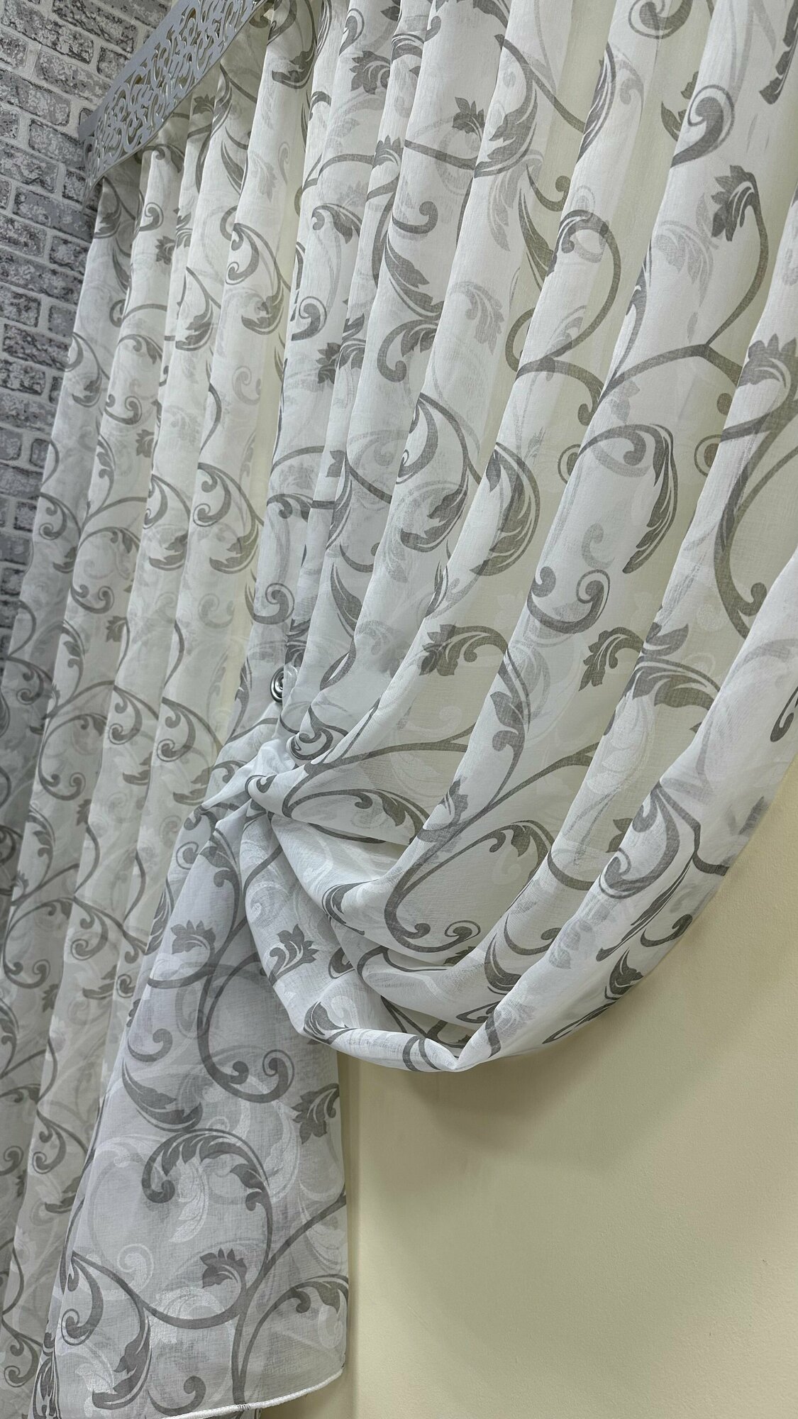 Льняной тюль бело-серые вензеля, 5м, высота 2,7м