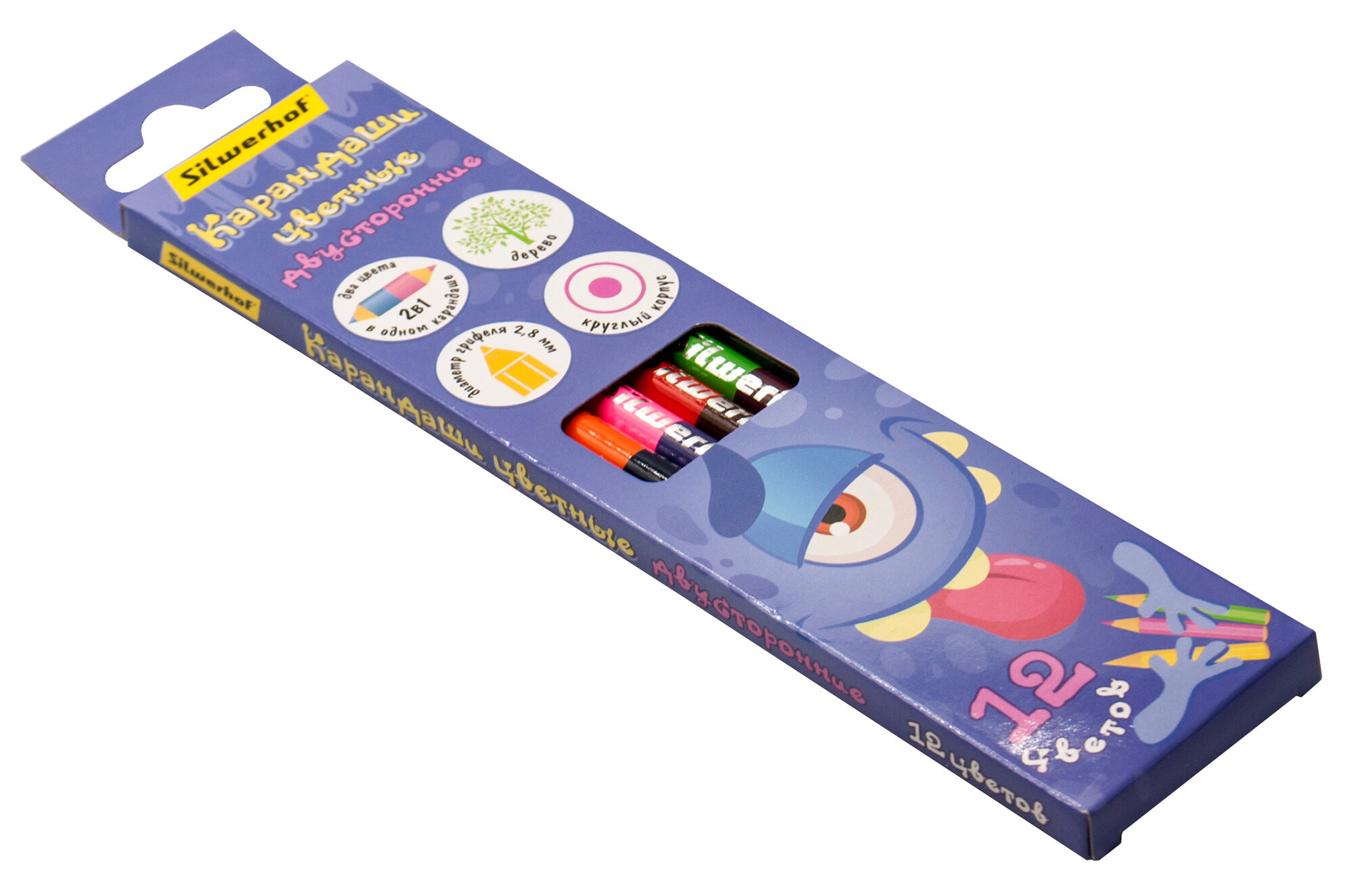 Карандаши Silwerhof Монстрики круглый, дерево, 12 цв, коробка европодвес , 6шт
