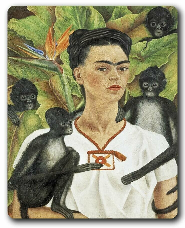 Картина/Репродукция картины - Фрида Кало "Автопортрет с обезьянками"/Интерьерная фреска на доске/30х24 см