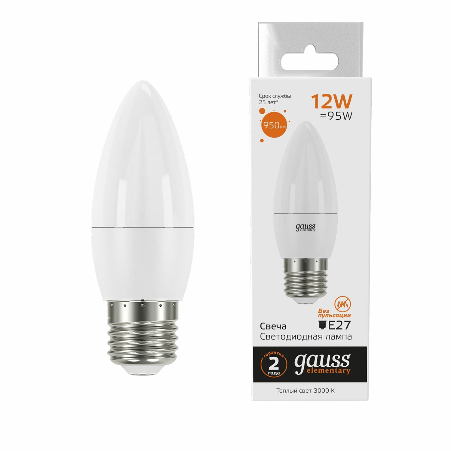 1шт/уп. Лампа LED Свеча 12Вт 230B B35 E27 950Лм 3000К Свет Теплый белый арт. 30212 Gauss, уп. 1шт