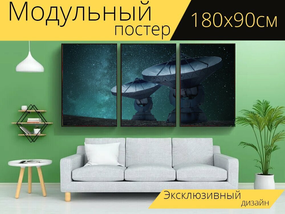 Модульный постер "Радиотелескопы, антенны, галактика" 180 x 90 см. для интерьера