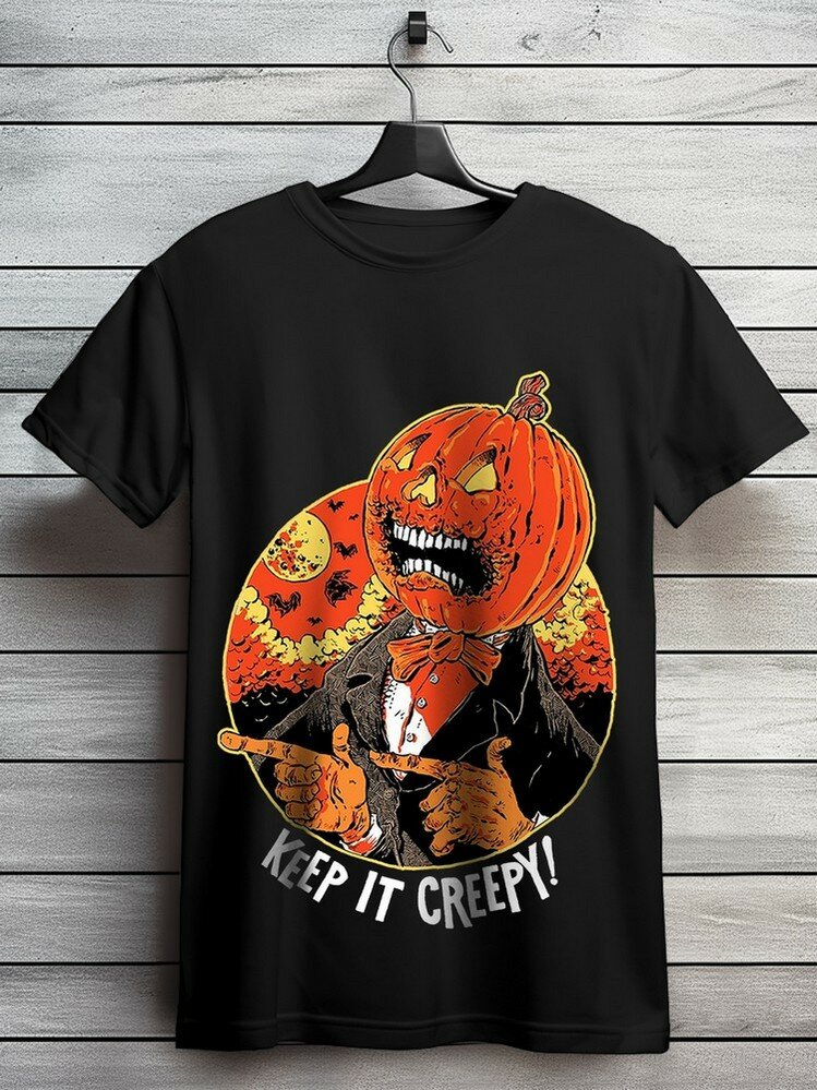 Футболка Футболка унисекс черная из хлопка с DTF принтом Хеллоуин Тыквоголовый (Рэтро плакат, винтаж, осень, подарок, Helloween) - 9466