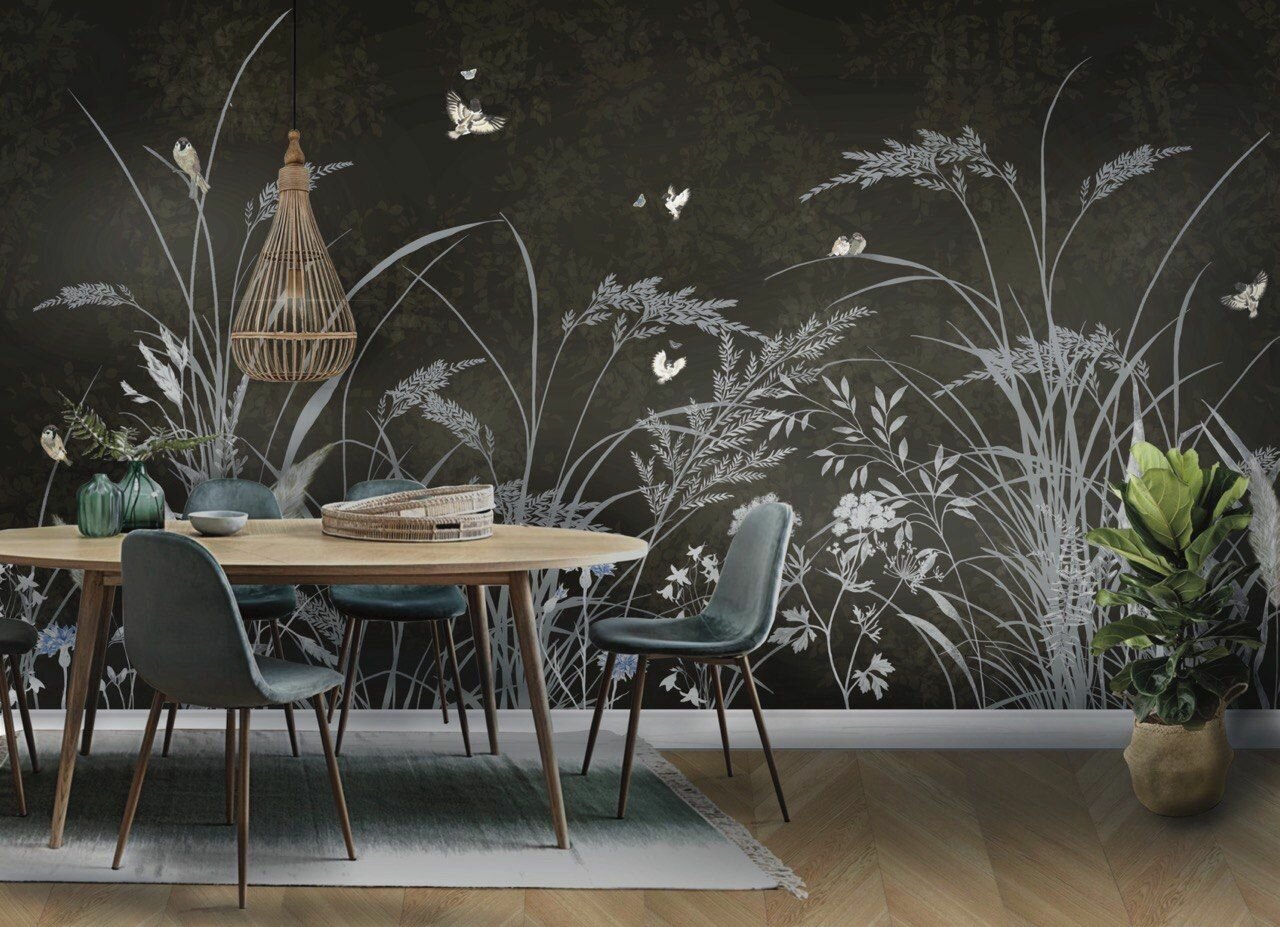 Фреска бесшовная Летний сад воробьи темные серо-коричневые текстура листья (ширина 2550мм х длина 2000мм)