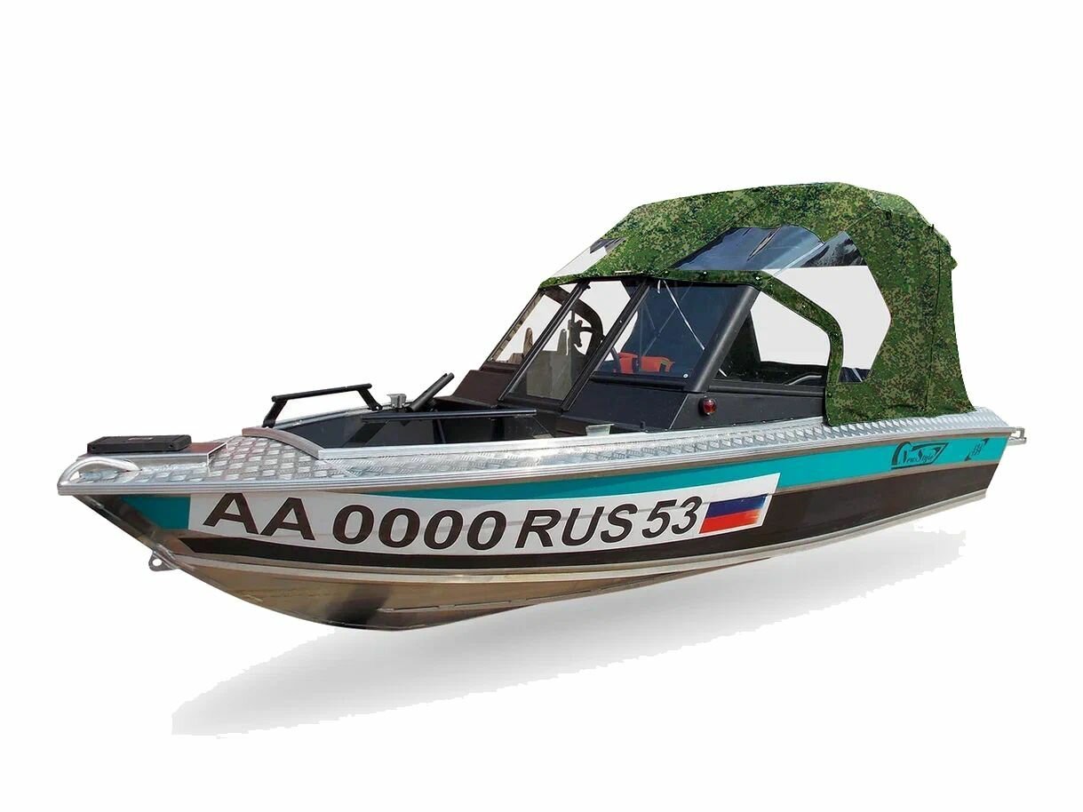 Вельбот 434НС / Wellboat 434NS. Тент с дугами с креплениями для стекла с калиткой