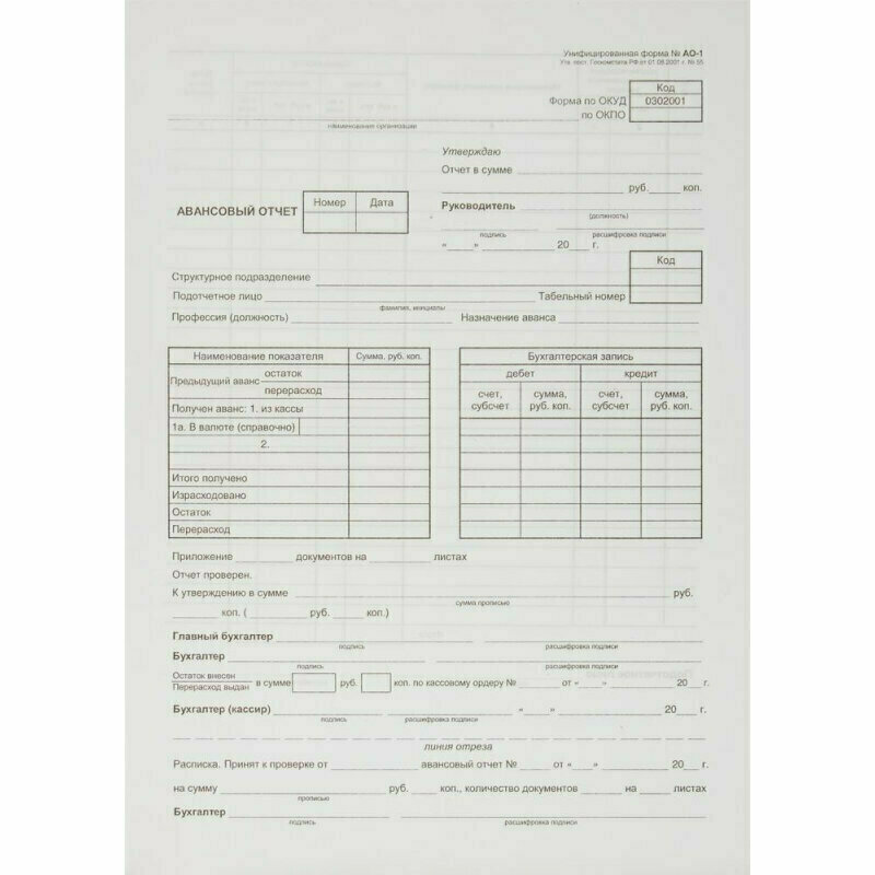 Бланк Авансовый отчет форма АО-1 А4 1у/5кн по 100л газетка(упаковка крафт), 1547368