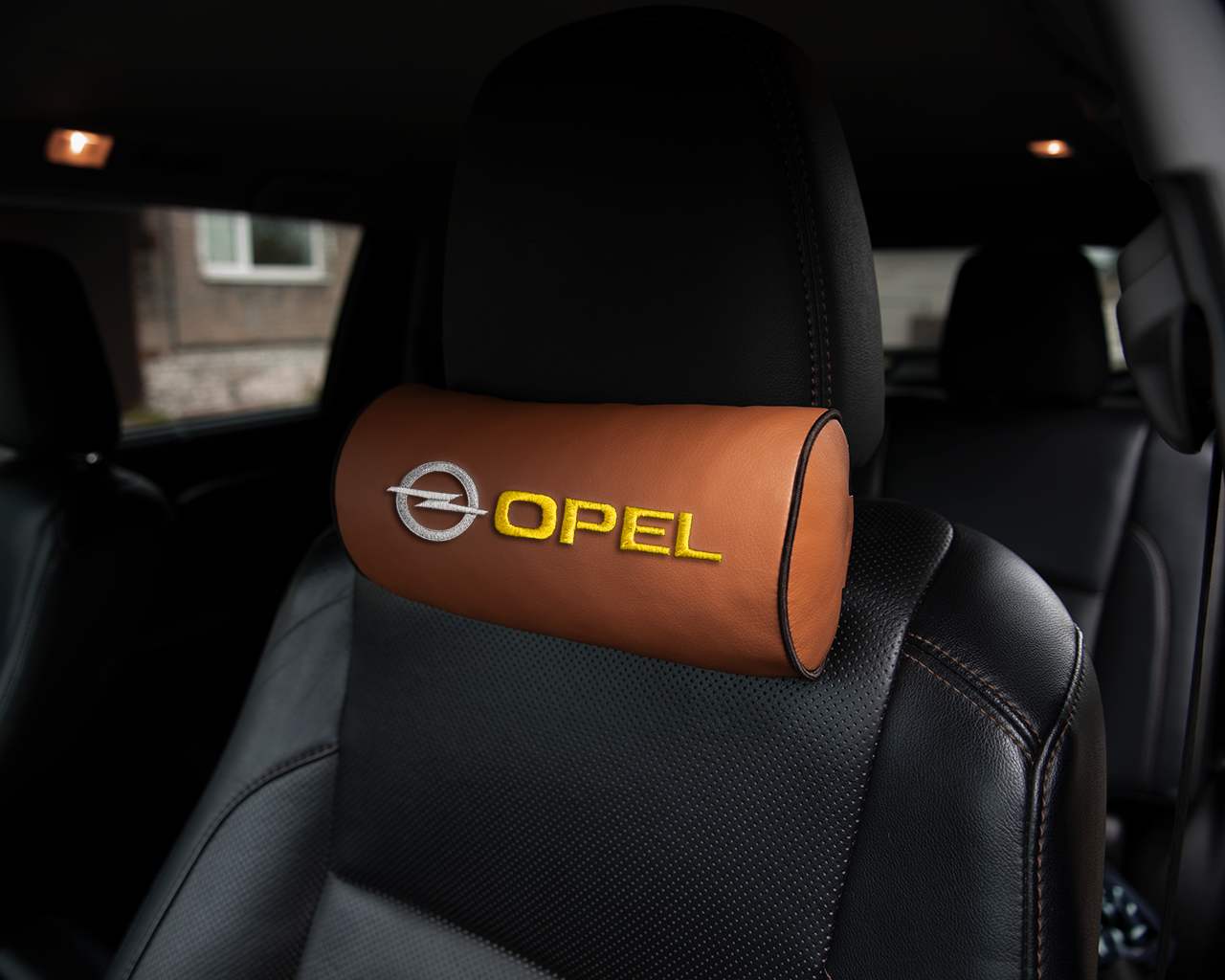 Автомобильная подушка-валик на подголовник экокожа Fox c вышивкой OPEL