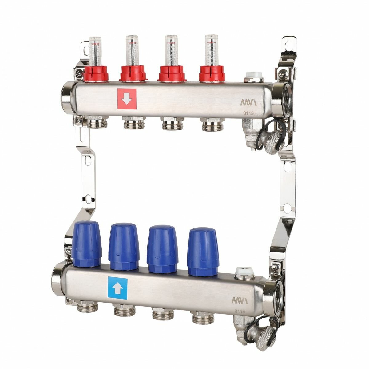 Коллектор с расходомерами, дренажным краном и краном Маевского на 4 выхода