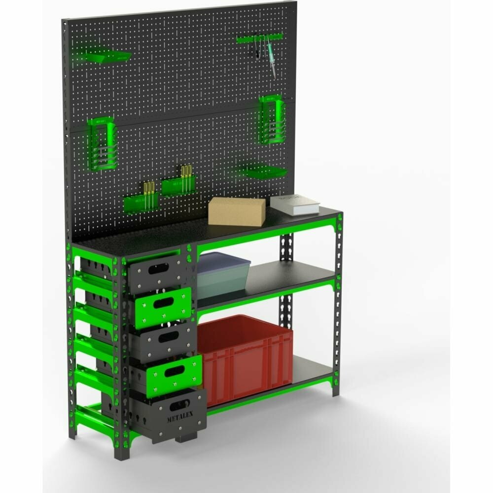Стол-верстак Metalex c одной тумбой 950x1600x400 + двойная перфопанель с комплектом аксессуаров SVTIPRIIA951640