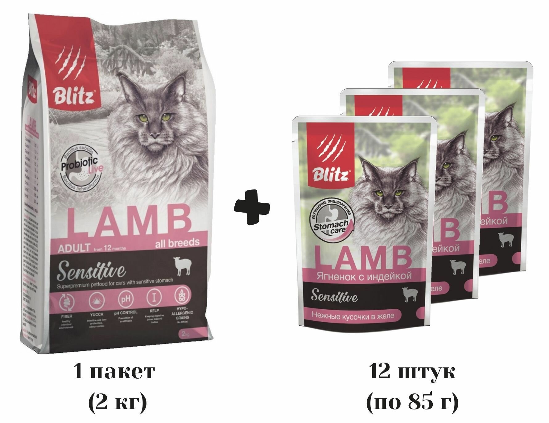 Корм сухой BLITZ Sensitive Lamb Adult Cats 2 кг (ягненок) + Корм влажный Blitz Sensitive Adult Cat 12 шт (ягнёнок с индейкой), для взрослых кошек всех пород