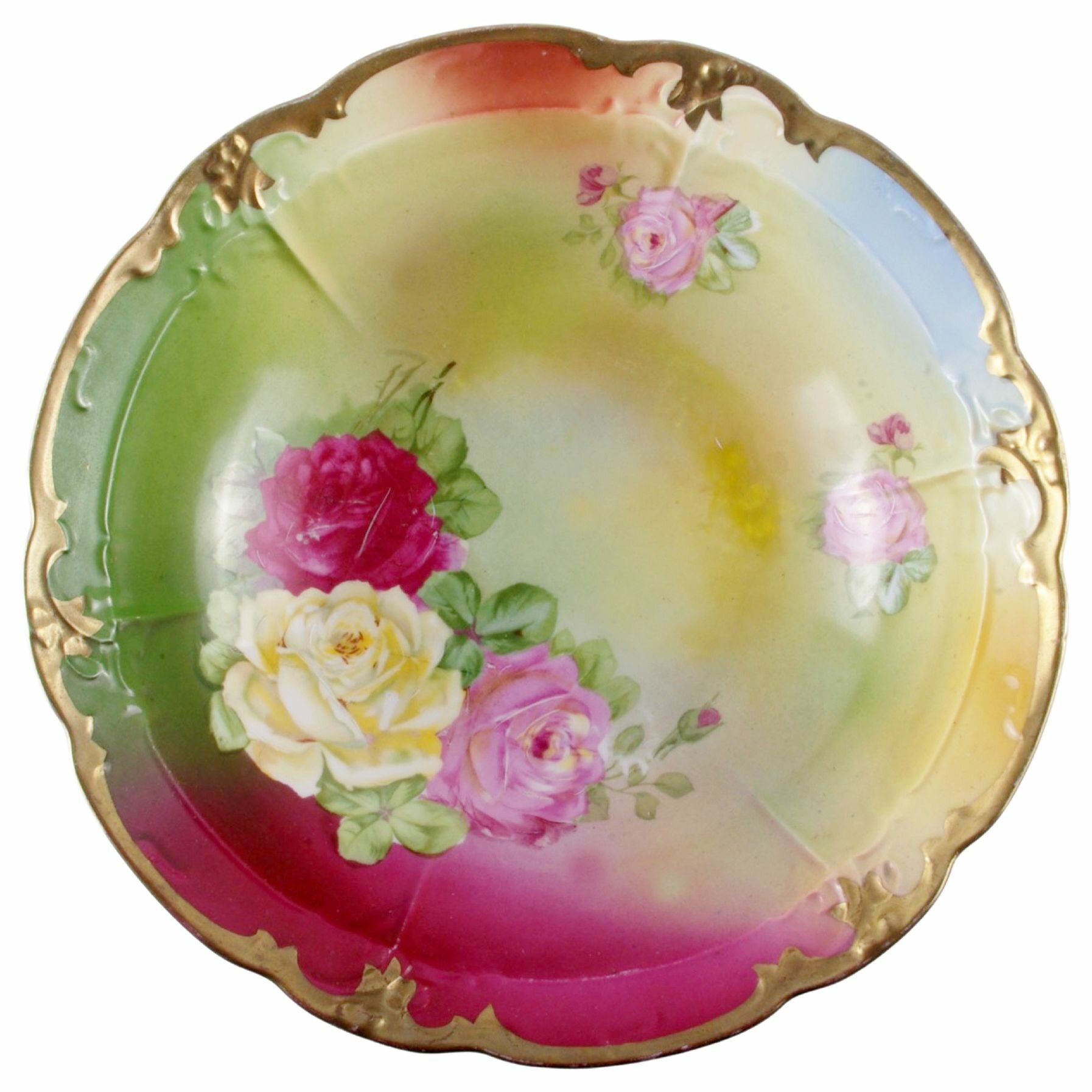 Винтажное глубокое блюдо "Розы". Фарфор, золочение, деколь, ручная подрисовка. Вторая половина ХХ века.