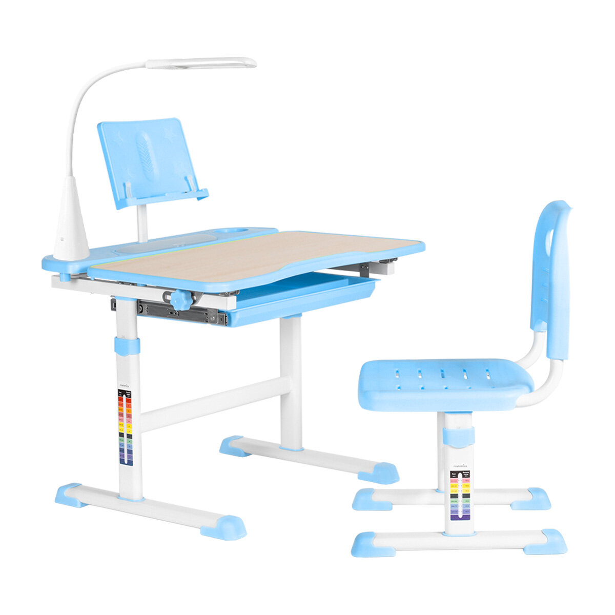 Комплект Anatomica Avgusta парта + стул + выдвижной ящик + светильник + подставка клен/голубой