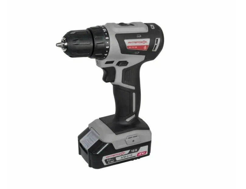 Бесщеточная аккумуляторная дрель-шуруповерт ИНТЕРСКОЛ минимакс ДА-10/18В, серый/черный