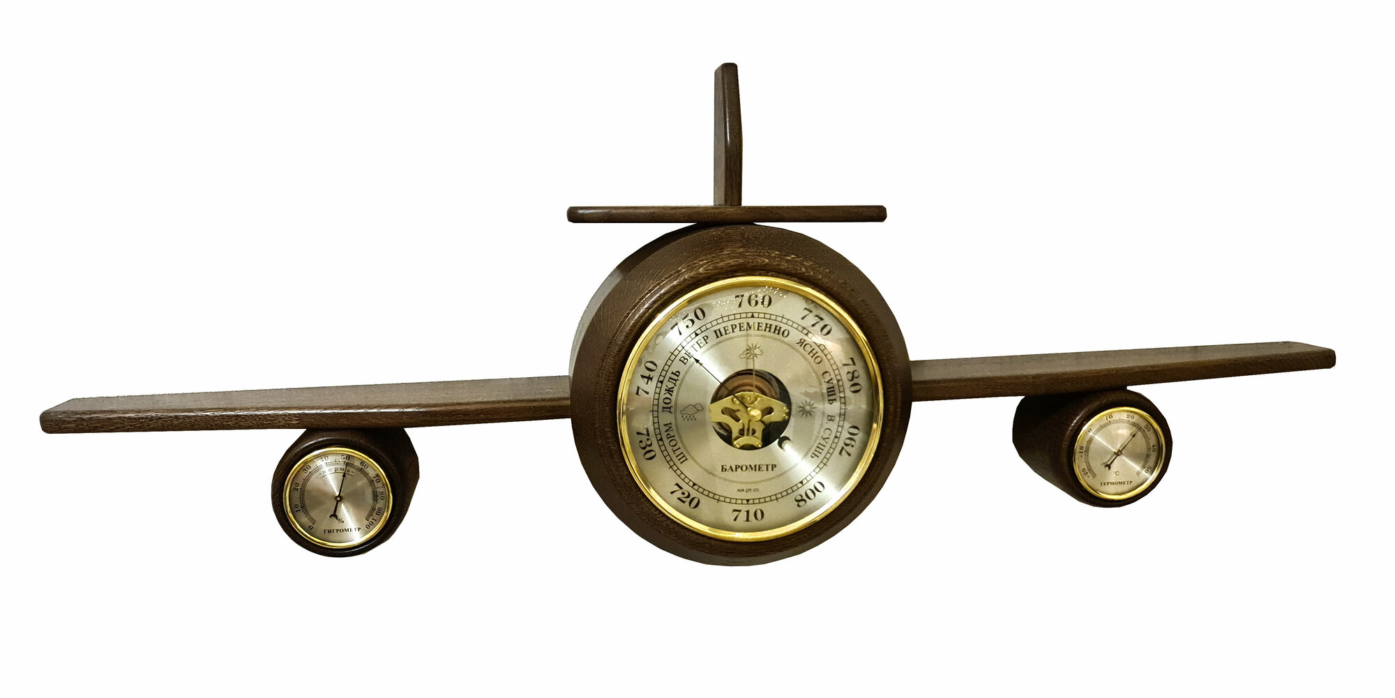 Метеостанция настенная самолёт деревянная механическая домашняя смич БМ26 бар самолёт массив дерева размер 94х35х13см