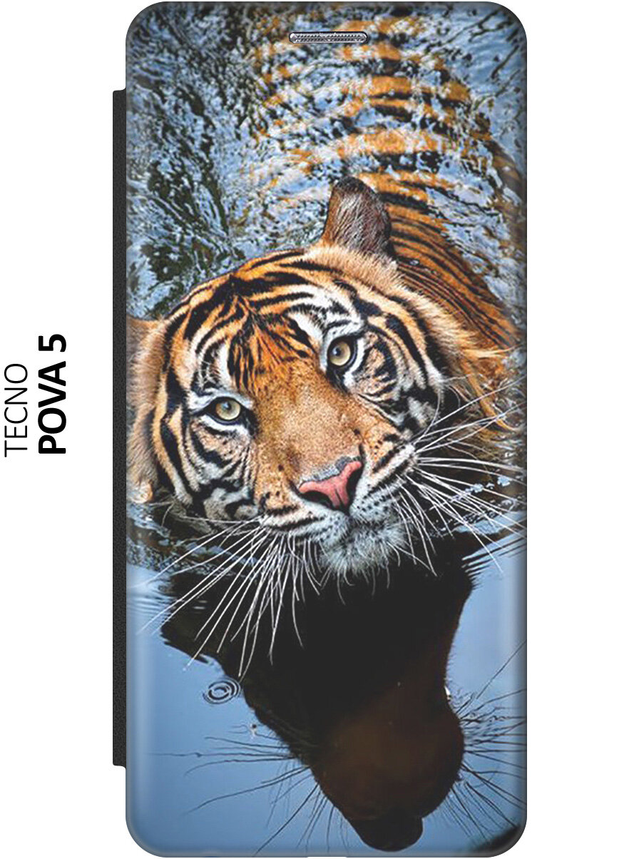 Чехол-книжка Тигр купается на Tecno Pova 5 / Техно пова 5 черный