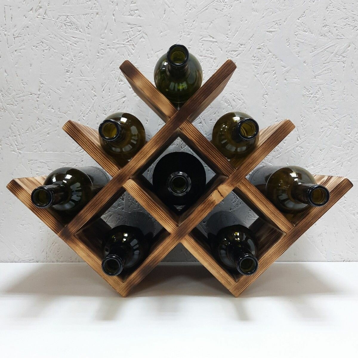Полка для вина на 8 бутылок из дерева. Винная подставка. Стойка для вина и шампанского. В обжиге.