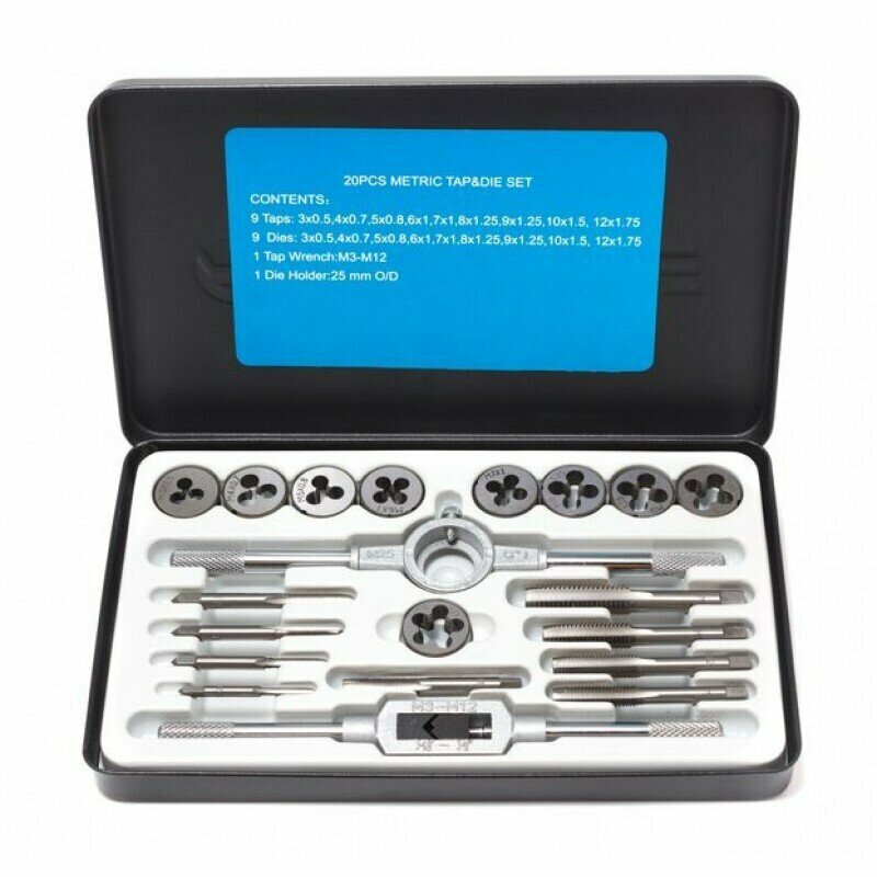 Набор метчиков и плашек метрический 20 предметов (М3х0.5, М4х0.7, М5х0.8, М6х1, М7х1, М8х1.25, М10х1.5, М12х1.75, 1/8NPT27)
