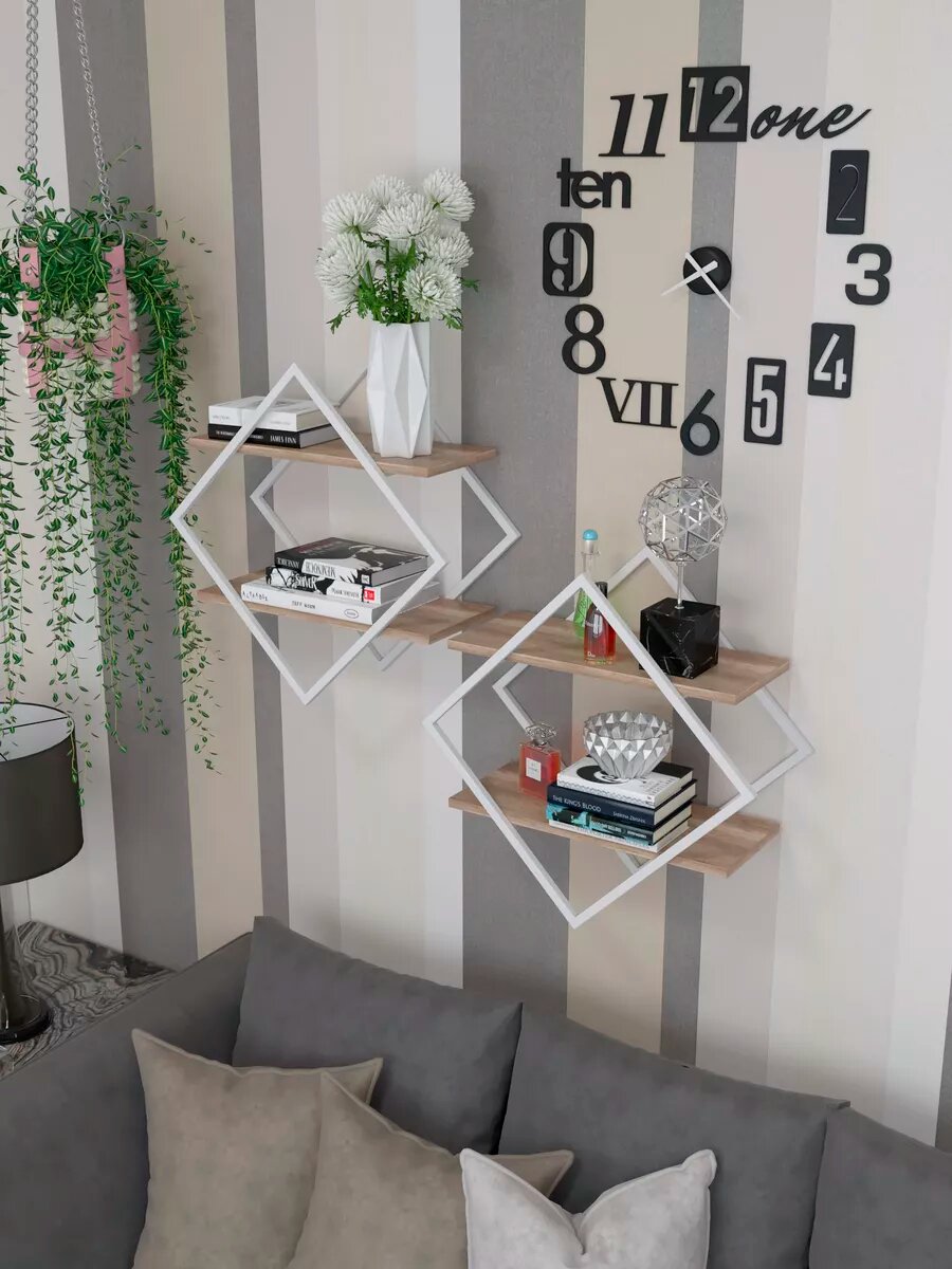 Набор полок ромб настенных белых-дуб - БД