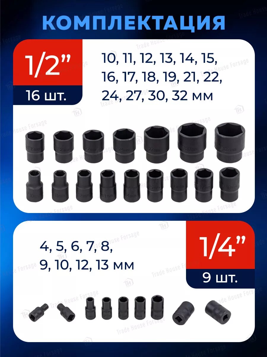 Набор ударных головок для гайковерта 1/2" и 1/4" 25 штук