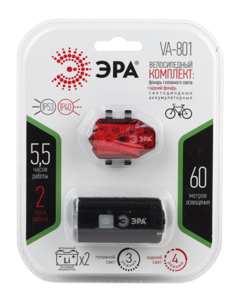 Велосипедный фонарь светодиодный ЭРА VA-801 2 в 1 аккумуляторный, передний, CREE XPG + подсветка SMD, micro USB, 800mA/ч, IP40, Б0039624 / на руль