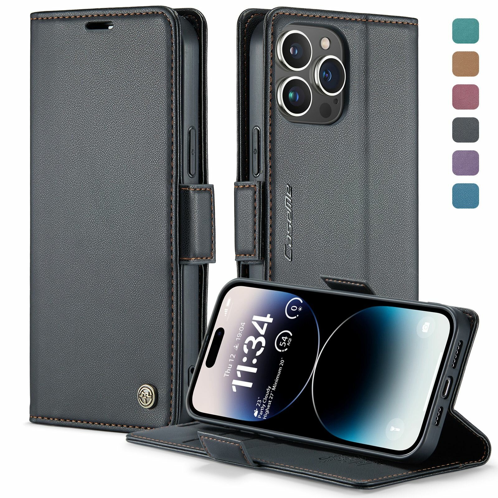 CaseMe Кожаный чехол для iPhone 14 Pro / Aйфон 14 про RFID-блокировка, магнитная застежка, держатель для карт, подставка, противоударная, новинка