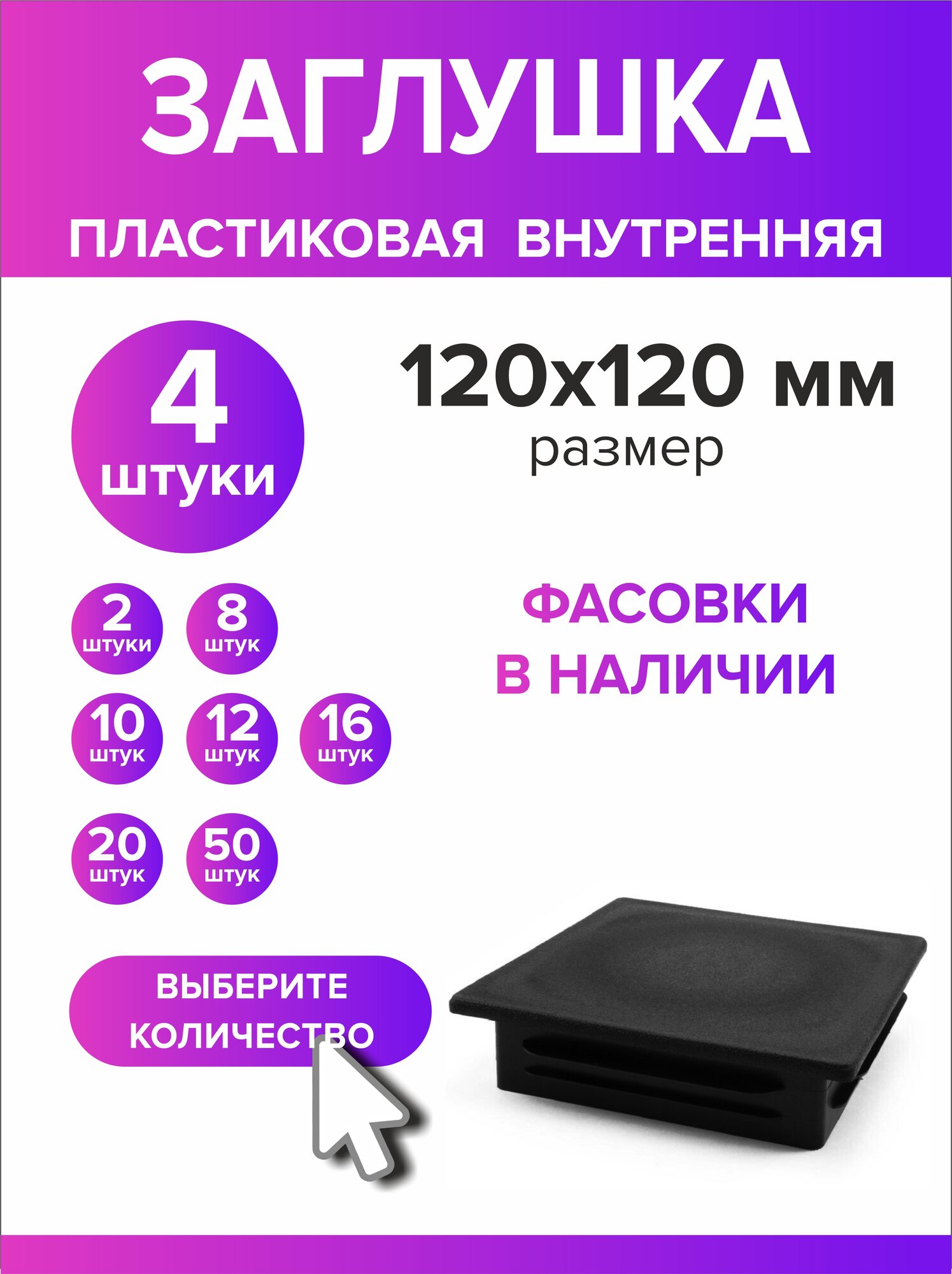 Заглушка для профильной трубы 120х120 мм, пластиковая, черная, 4 штуки