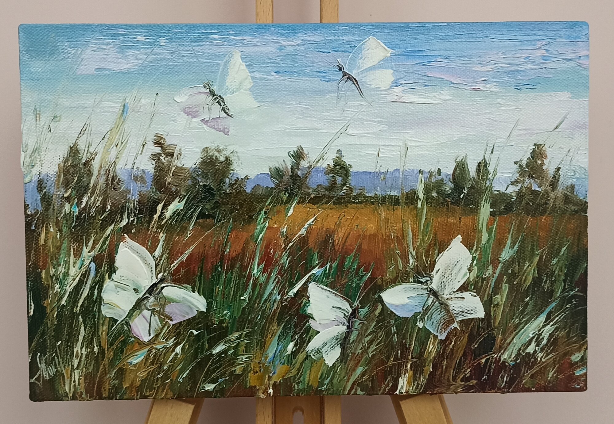 Серия Импрессионизм. Летний пейзаж с бабочками. Картина маслом на холсте. 100% ручная работа, 100% живопись от Художественной Мастерской Грëзы. 20х30 см.
