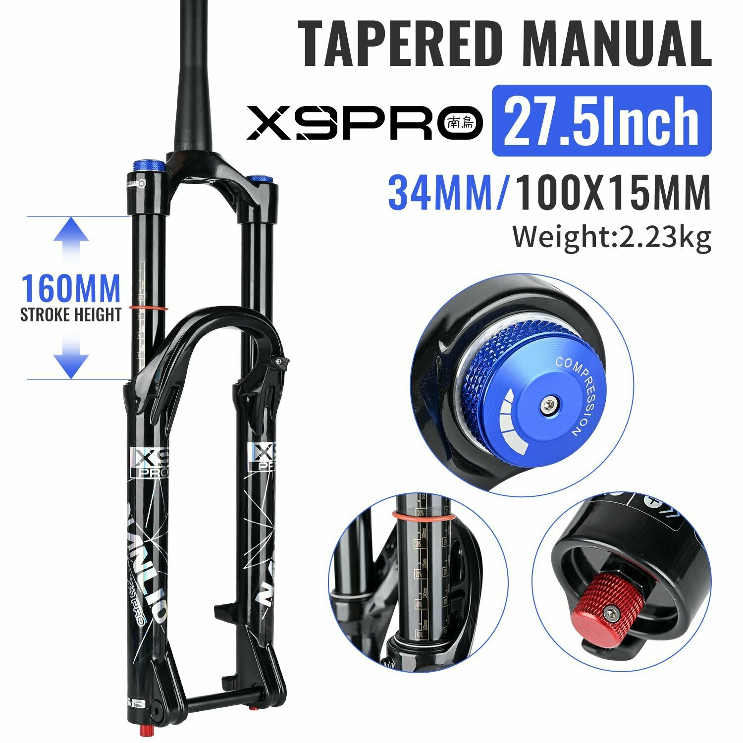 Nanlio X9 PRO Велосипедные амортизационные вилки 34MM 26 27.5" 29 дюймов МТБ Вилка с маслом и газом, 140/160MM с металлическими втулками.