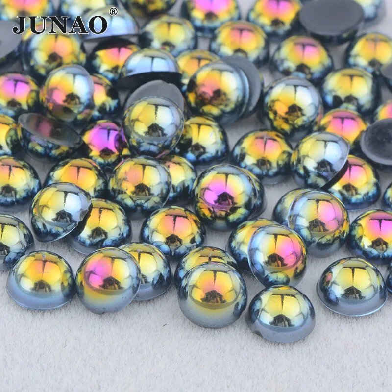 JUNAO Бусины плоские полужемчуг 8 мм, Black AB, 200 шт
