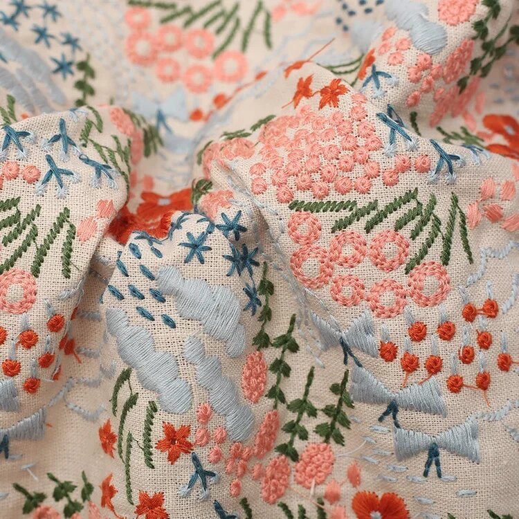 Льняная хлопковая ткань с цветочной вышивкой 45cmX125cm (0.5yard), beige