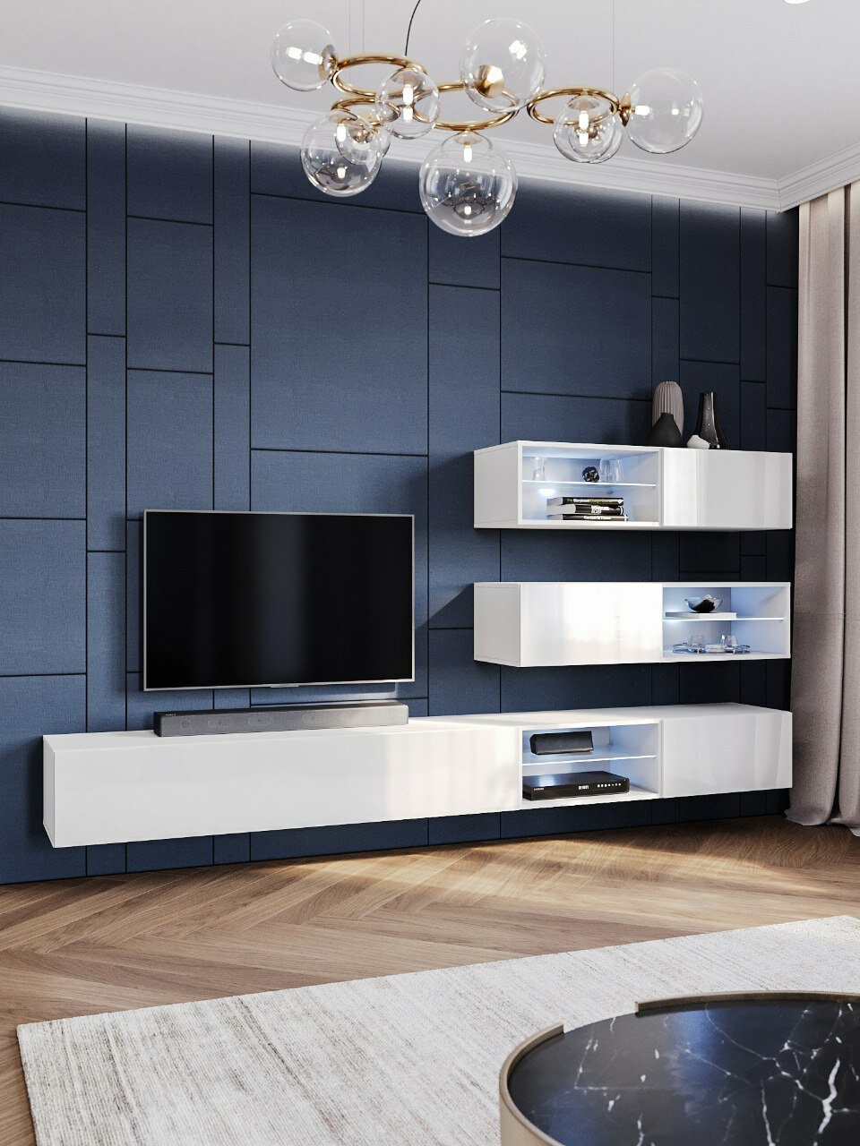 Стенка в гостиную, стенка для гостиной Point K22, Белый Глянец, 280х90х40 см (ШхВхГ)