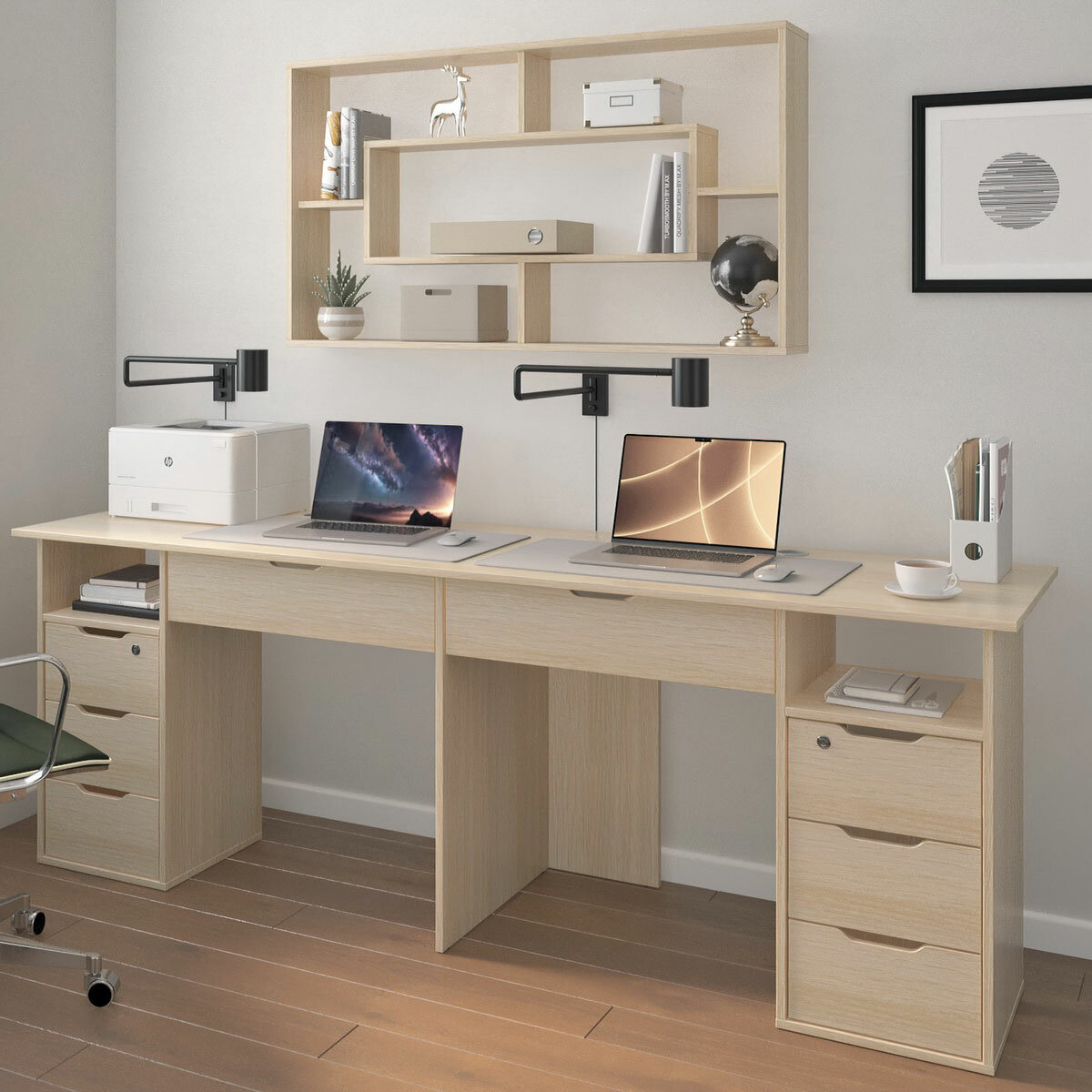 Письменный стол для двоих с настенной полкой (комплект) МагМебель Б-83Я.87 дуб молочный
