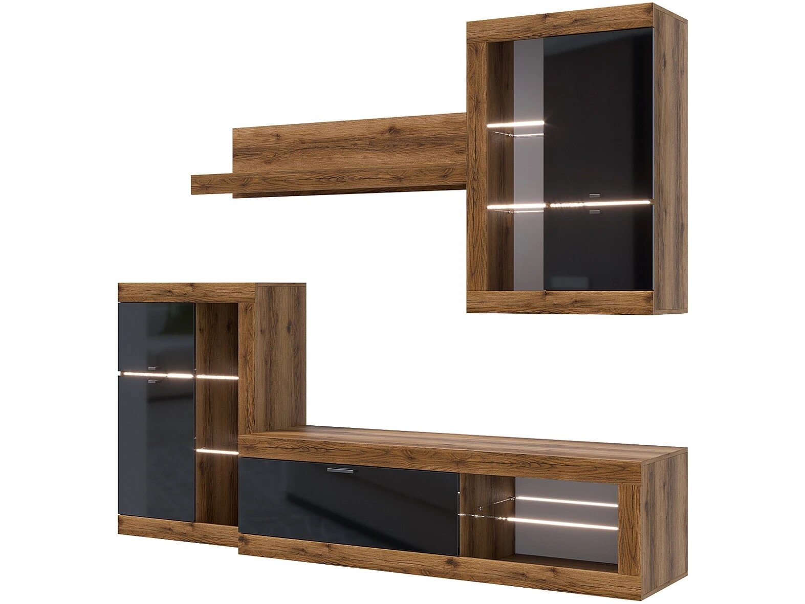 Модульная Гостиная, вариант №1, с подсветкой, Дуб Делано/Черный глянец