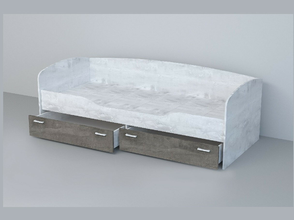Кровать 800 с выдвижными ящиками, без матраса, бетон светлый/камень темный