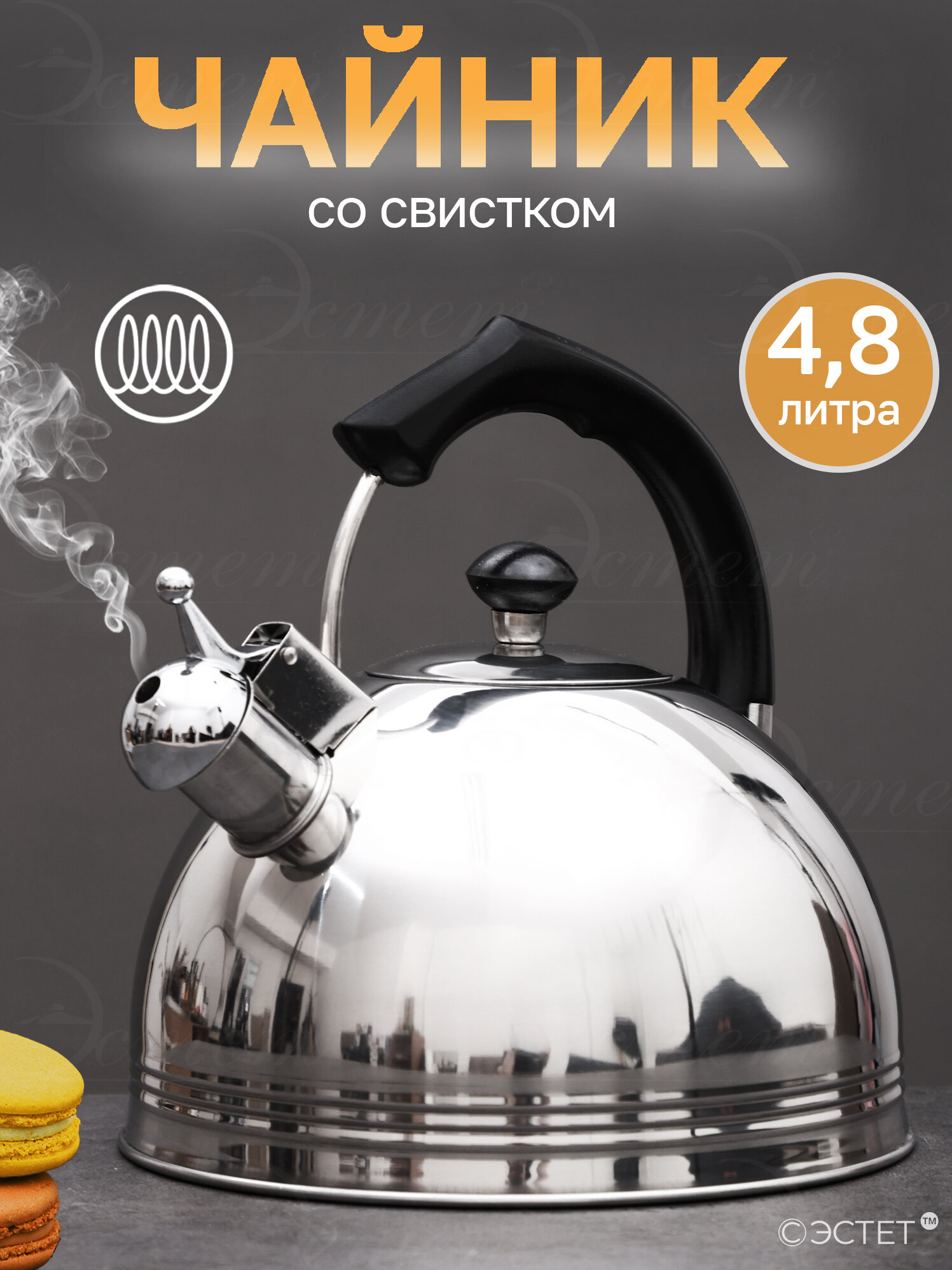 Чайник для плиты со свистком 4.8 л, из нержавеющей стали, для всех видов в т. ч. для индукционных плит