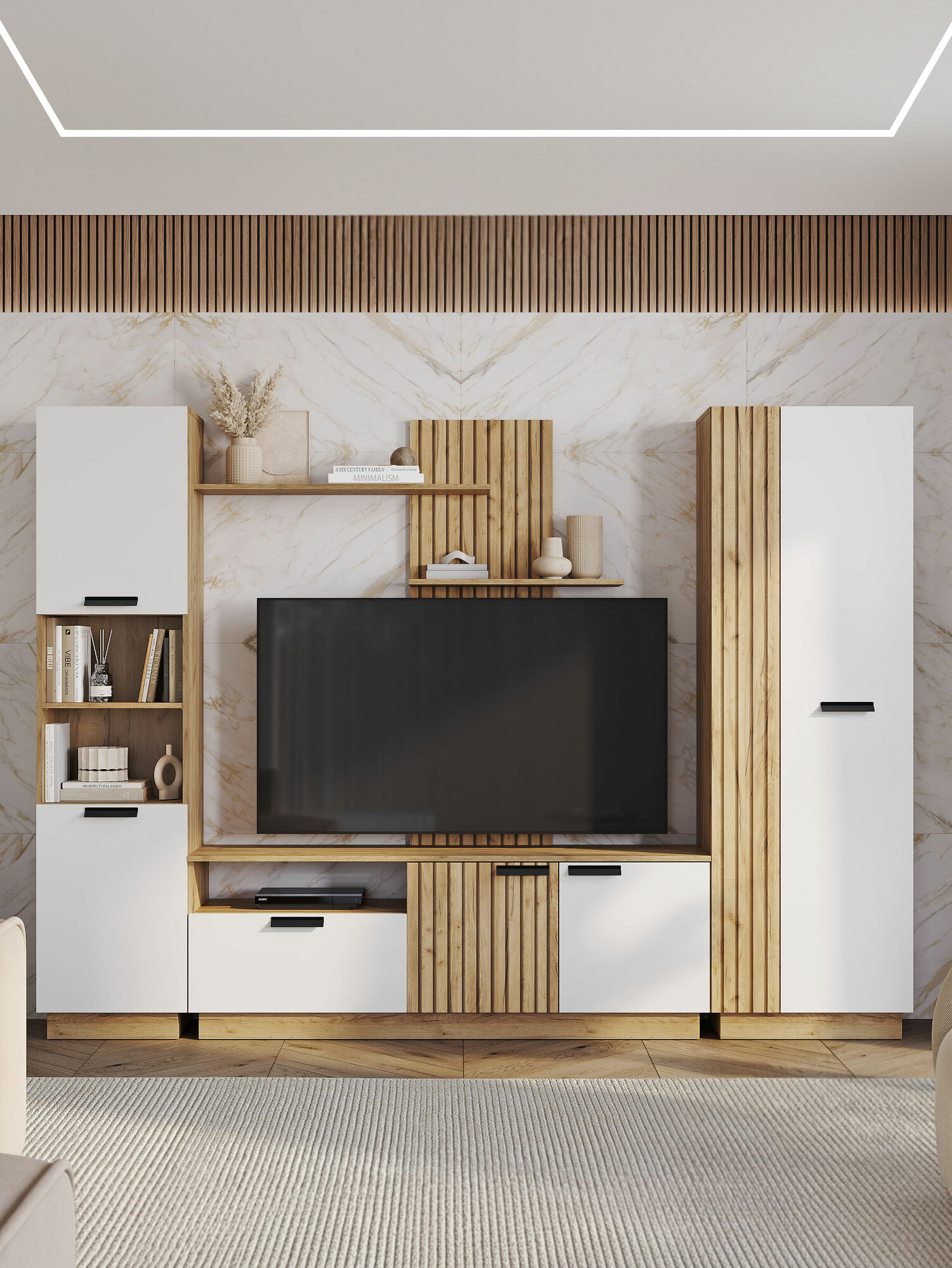 Гостиная комплект Мишель с ящиками, с полками, со штангой для одежды, 260.2х35.4х188 см, Дуб крафт / Белый