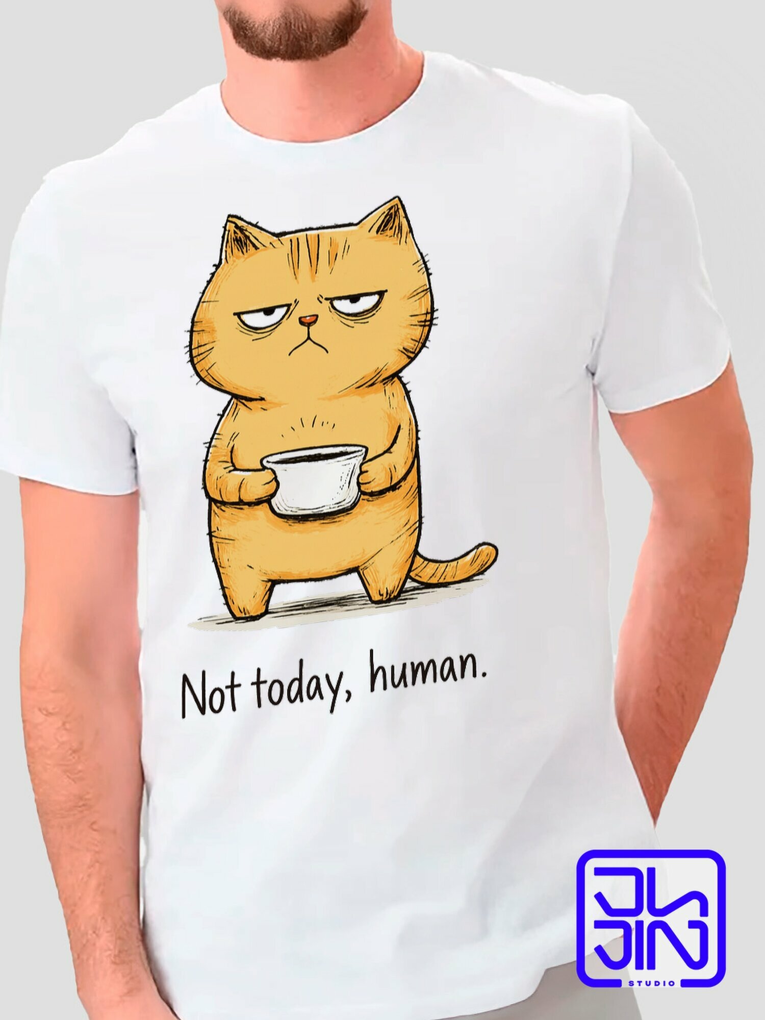 Футболка классическая мужская с авторским принтом Кошка с мемами черно-белая, смешная графитовая с чашками и кофе, белый хлопковый трикотаж с прикольным рисунком на груди
