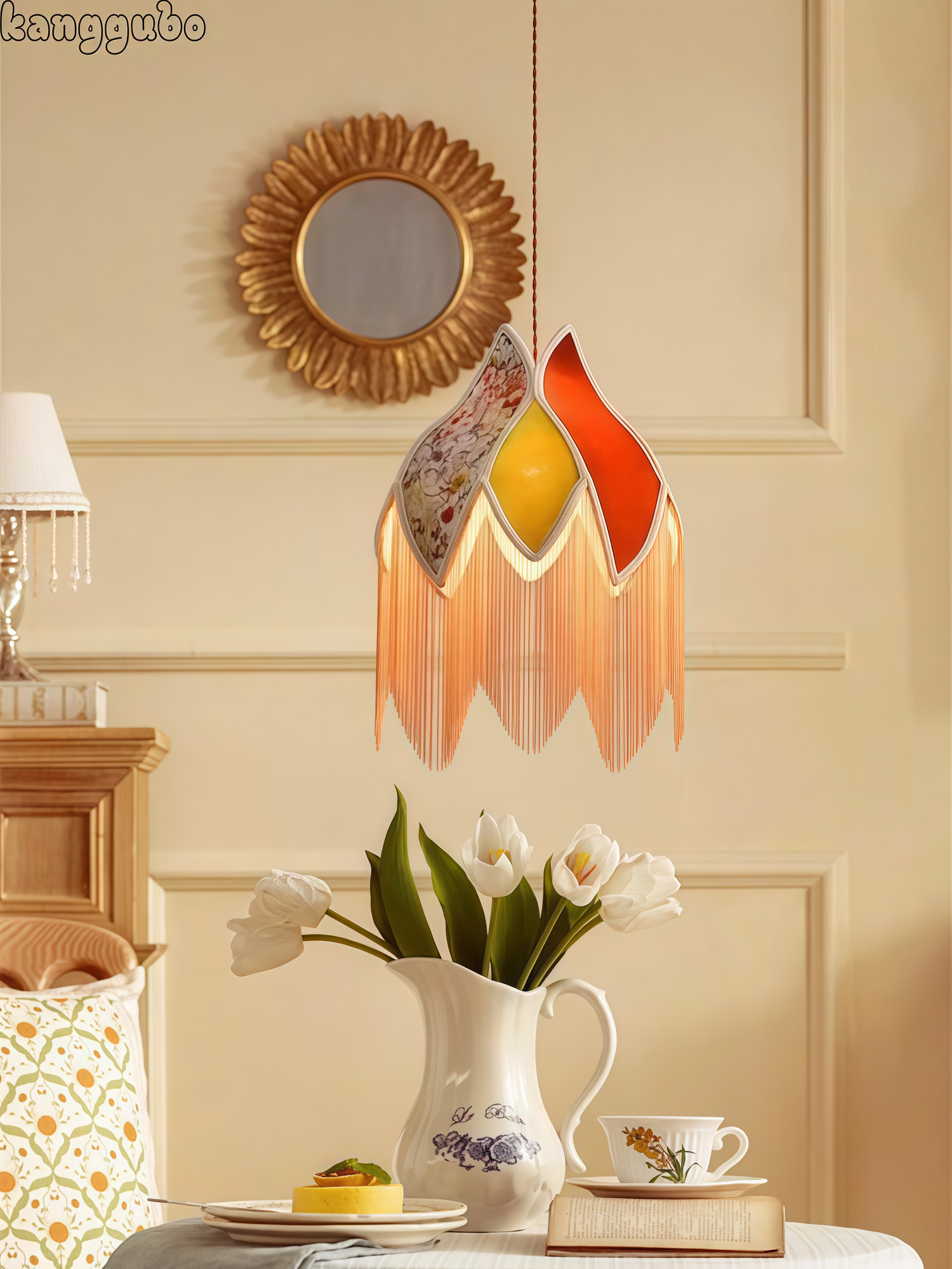 Люстра Clear Lighting, E27, с кисточками, ручная вышивка, 2 цвета, зеленый/красный, D30-33 см