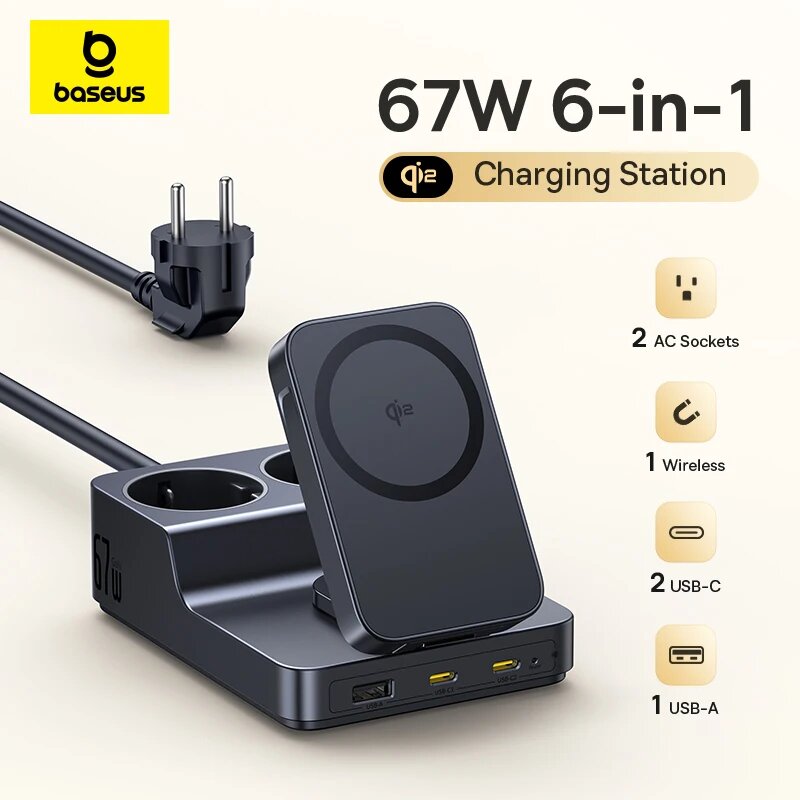 Listwa zasilająca Baseus 6-в-1, быстрое зарядное устройство 67 Вт с беспроводным зарядным устройством Qi2, 2 разъема переменного тока, USB C для iPhone, ноутбука, планшета, зарядная станция